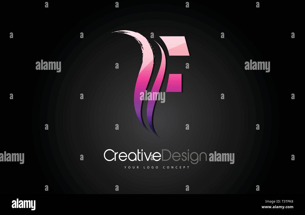 Purple Violet F Letter Design Brush Paint Stroke. Letter Logo on Black ...