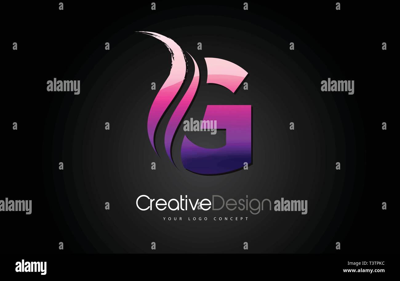 Purple Violet G Letter Design Brush Paint Stroke. Letter Logo on Black ...