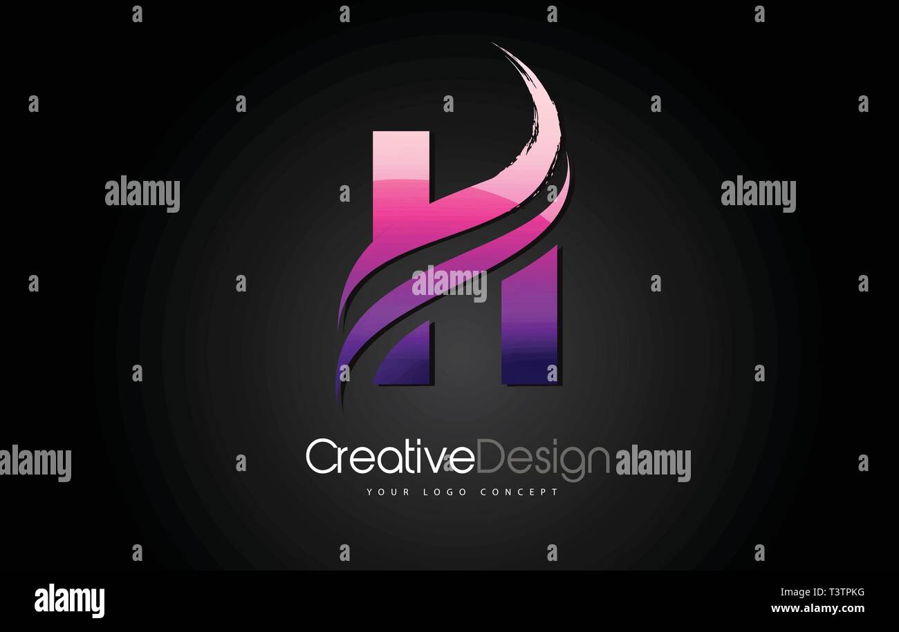 Purple Violet H Letter Design Brush Paint Stroke. Letter Logo on Black ...