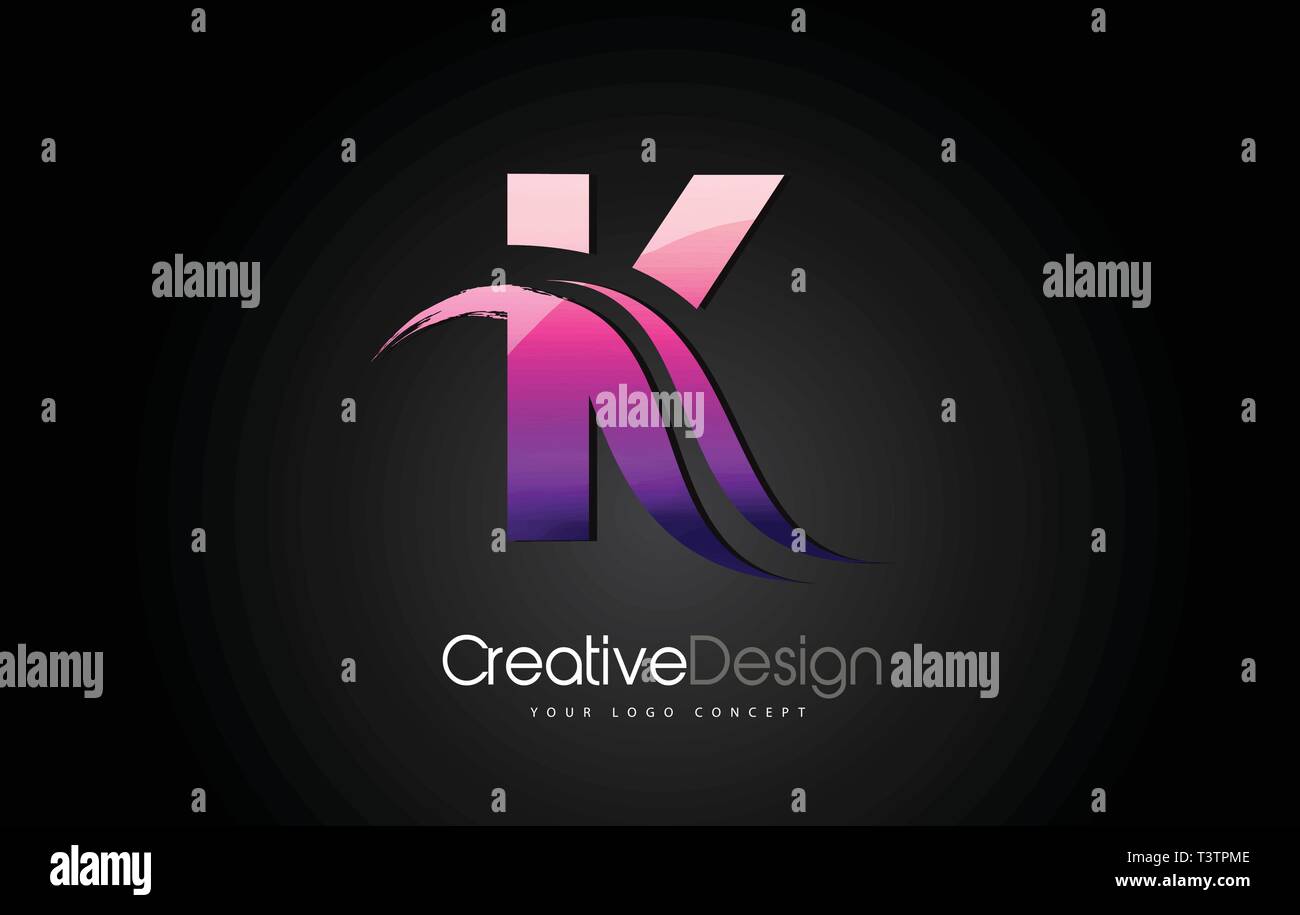 Purple Violet K Letter Design Brush Paint Stroke. Letter Logo on Black ...
