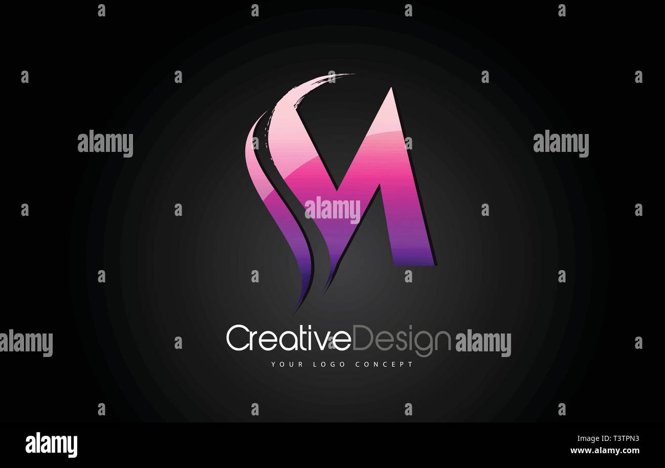 Purple Violet M Letter Design Brush Paint Stroke. Letter Logo on Black ...