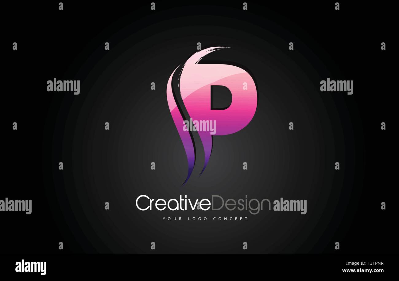 Purple Violet P Letter Design Brush Paint Stroke. Letter Logo on Black ...