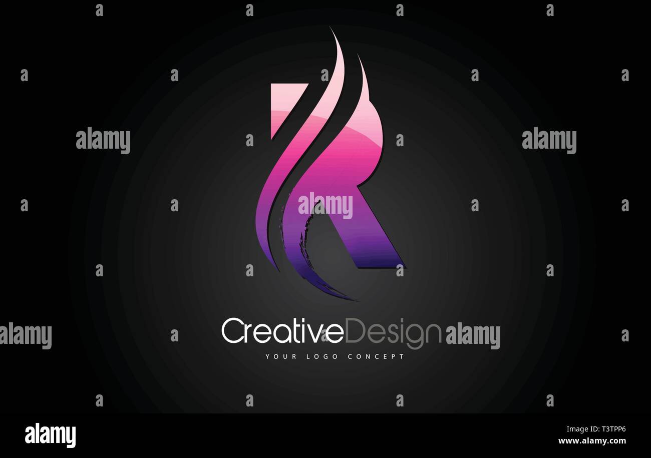 Purple Violet R Letter Design Brush Paint Stroke. Letter Logo on Black ...