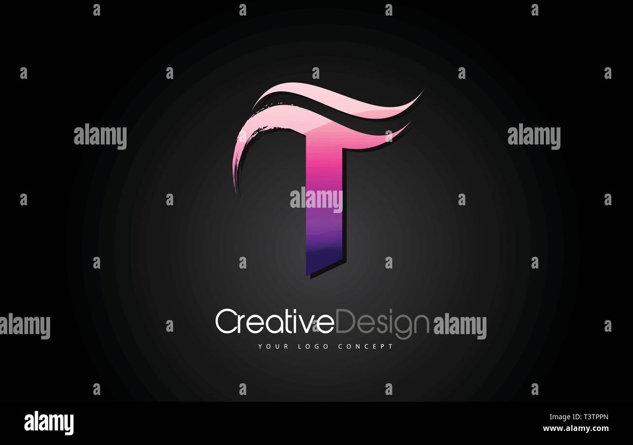 Purple Violet T Letter Design Brush Paint Stroke. Letter Logo on Black ...