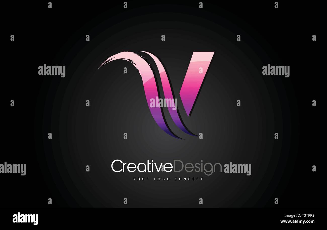 Purple Violet V Letter Design Brush Paint Stroke. Letter Logo on Black ...