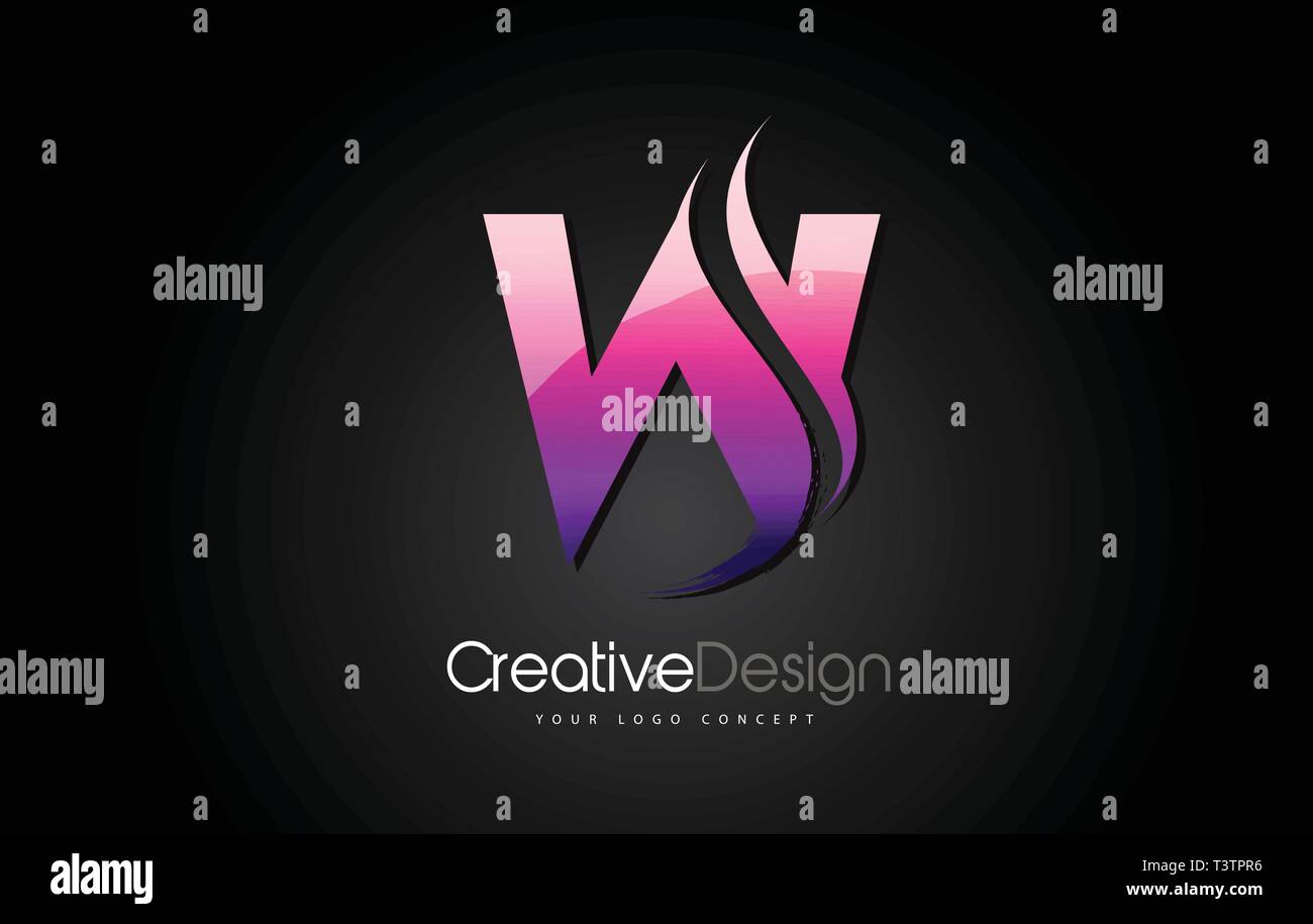 Purple Violet W Letter Design Brush Paint Stroke. Letter Logo on Black ...