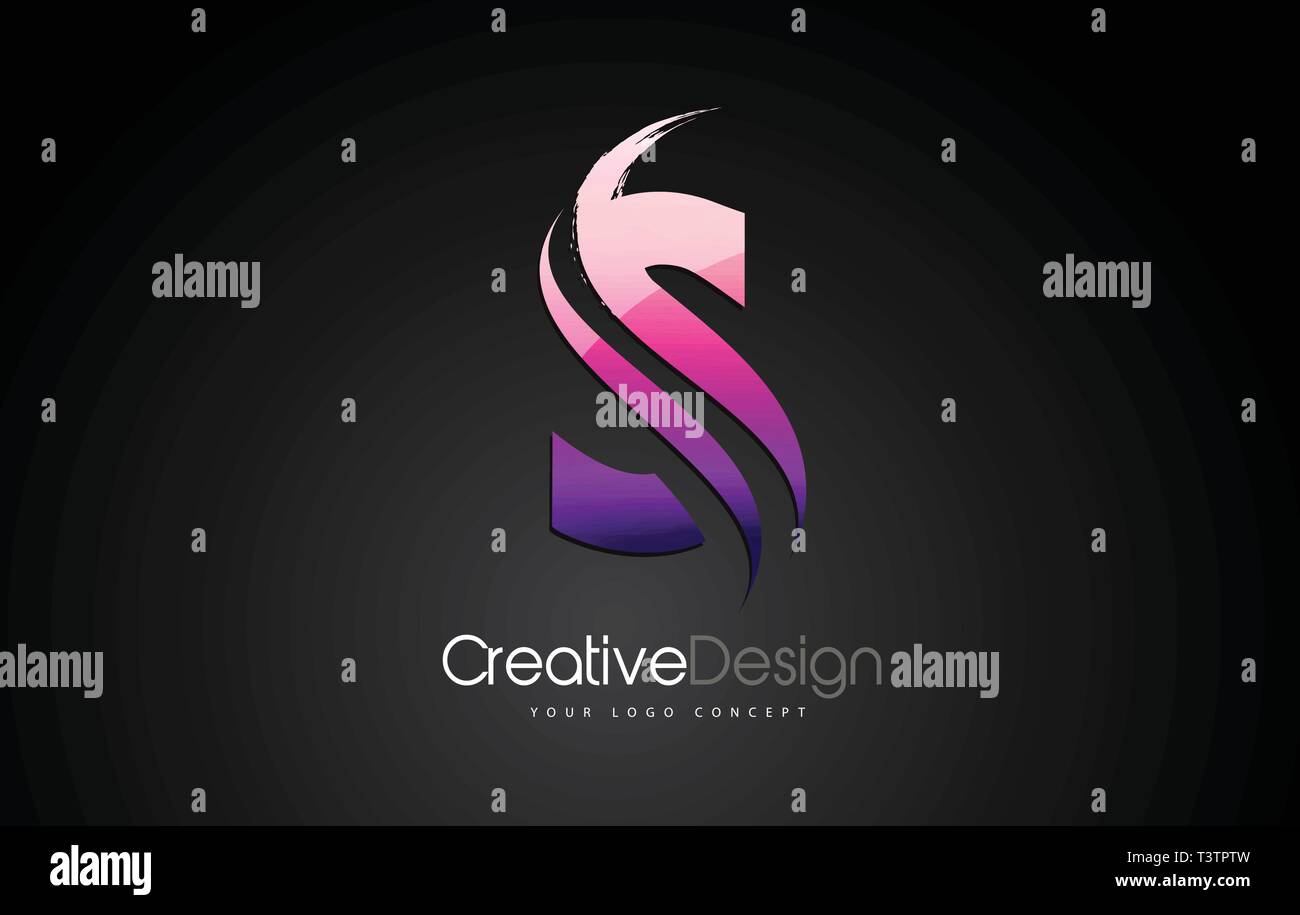 Purple Violet S Letter Design Brush Paint Stroke. Letter Logo on Black Background Stock Vector ...