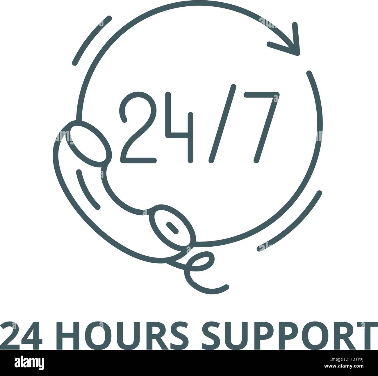 24 hours support line icon, vector. 24 hours support outline sign, concept symbol, flat ...
