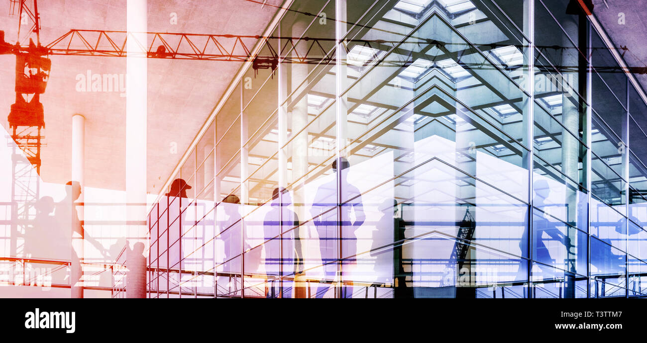 Crowd of business people working in office building over cityscape ...