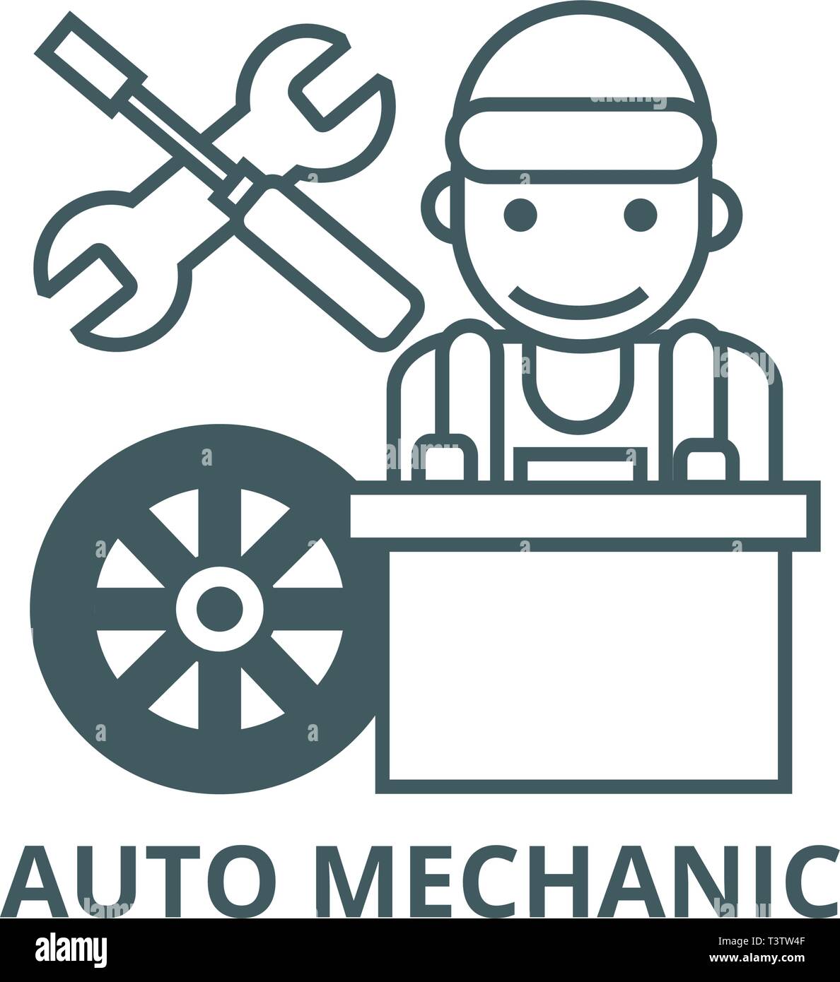 Auto mechanic,battery line icon, vector. Auto mechanic,battery outline ...