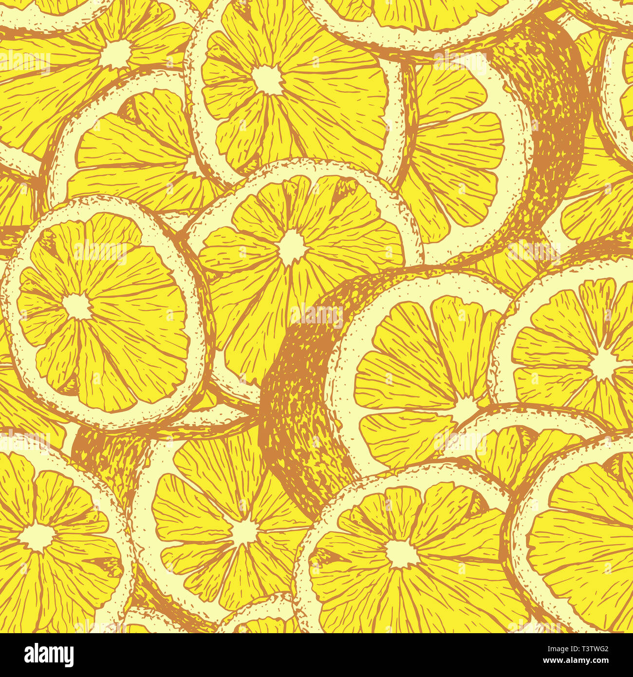 Yellow lemons hand drawn seamless pattern. Sliced citrus color outline drawing. Lemon slices and ...