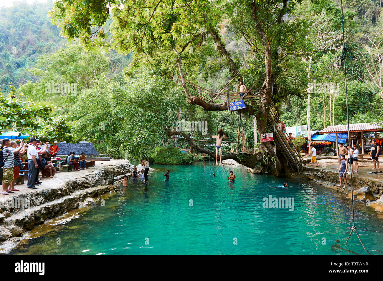 Blue lagoon in Vang Vieng, Laos, famous travel destination with clear ...