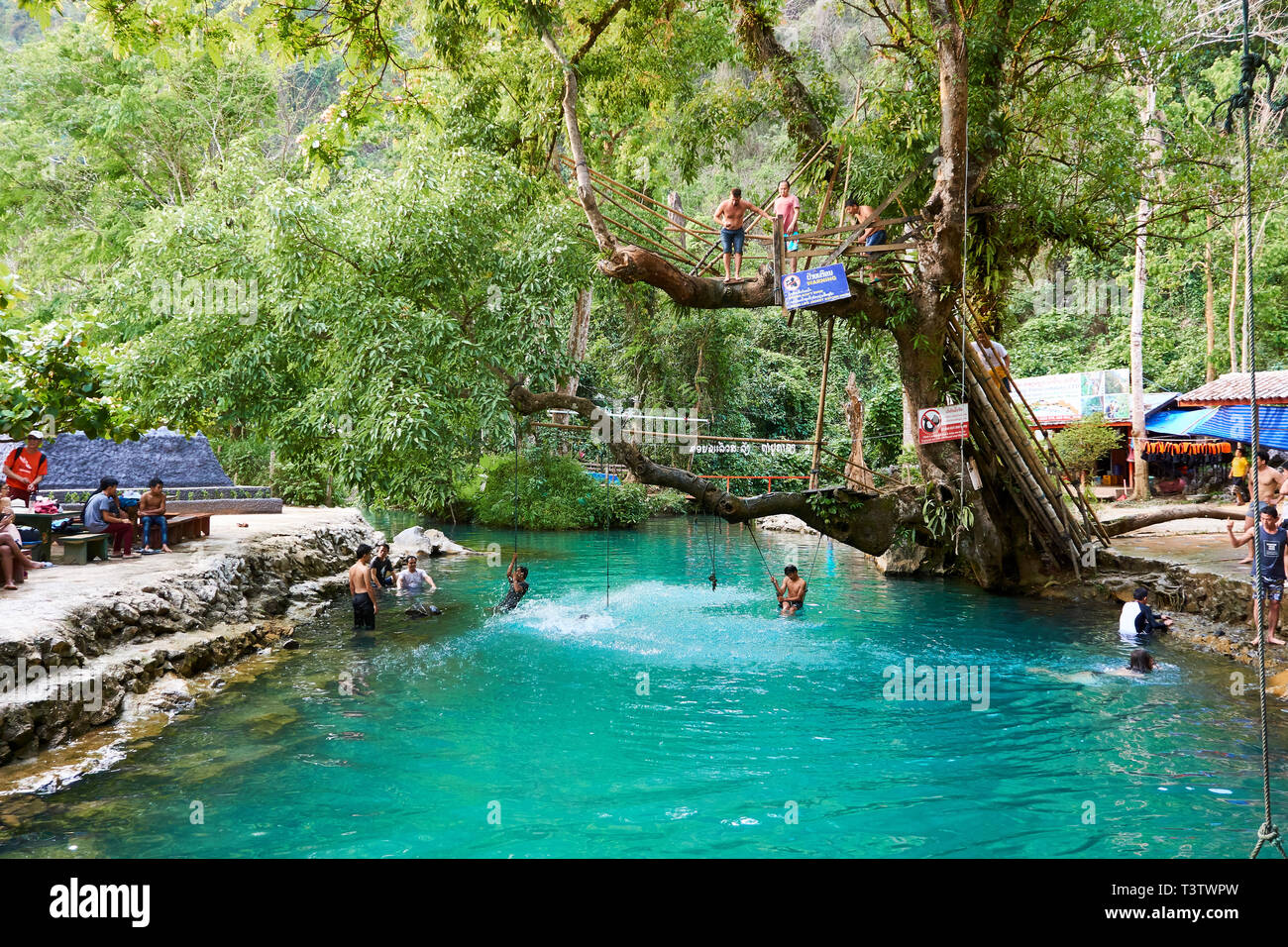 Blue lagoon in Vang Vieng, Laos, famous travel destination with clear ...