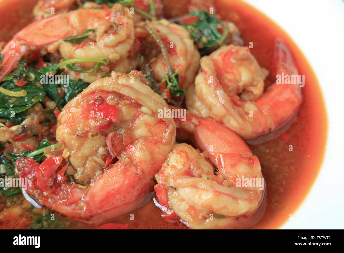 Closed Up Thai Style Spicy Prawns Stir Fried with Holy Basil Called Pad ...