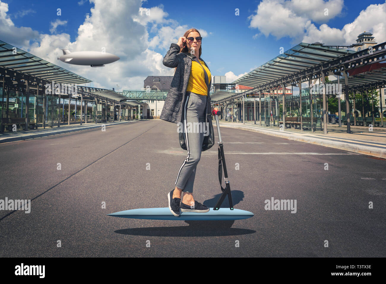 A fantasy picture of a teenage girl with flying board on a airway ...