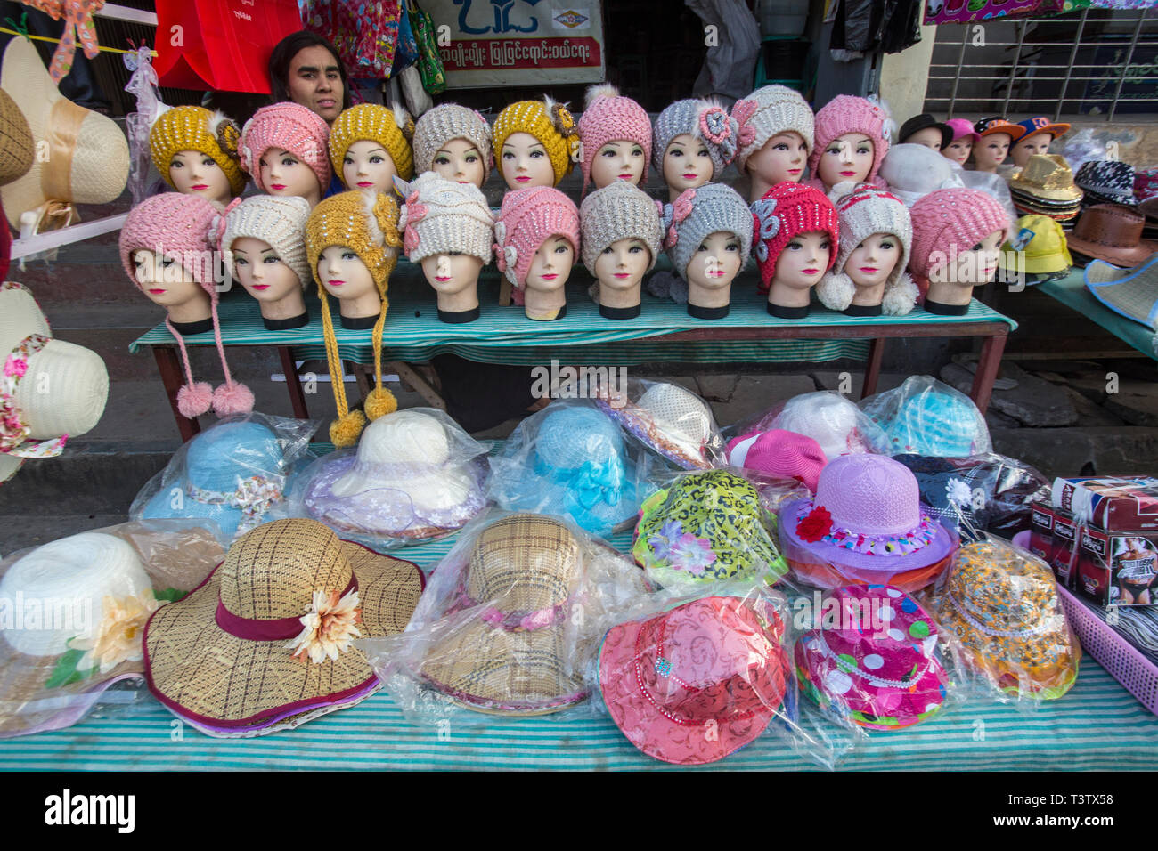 Hat stall, Pyin-U-Lwin, Myanmar Stock Photo - Alamy