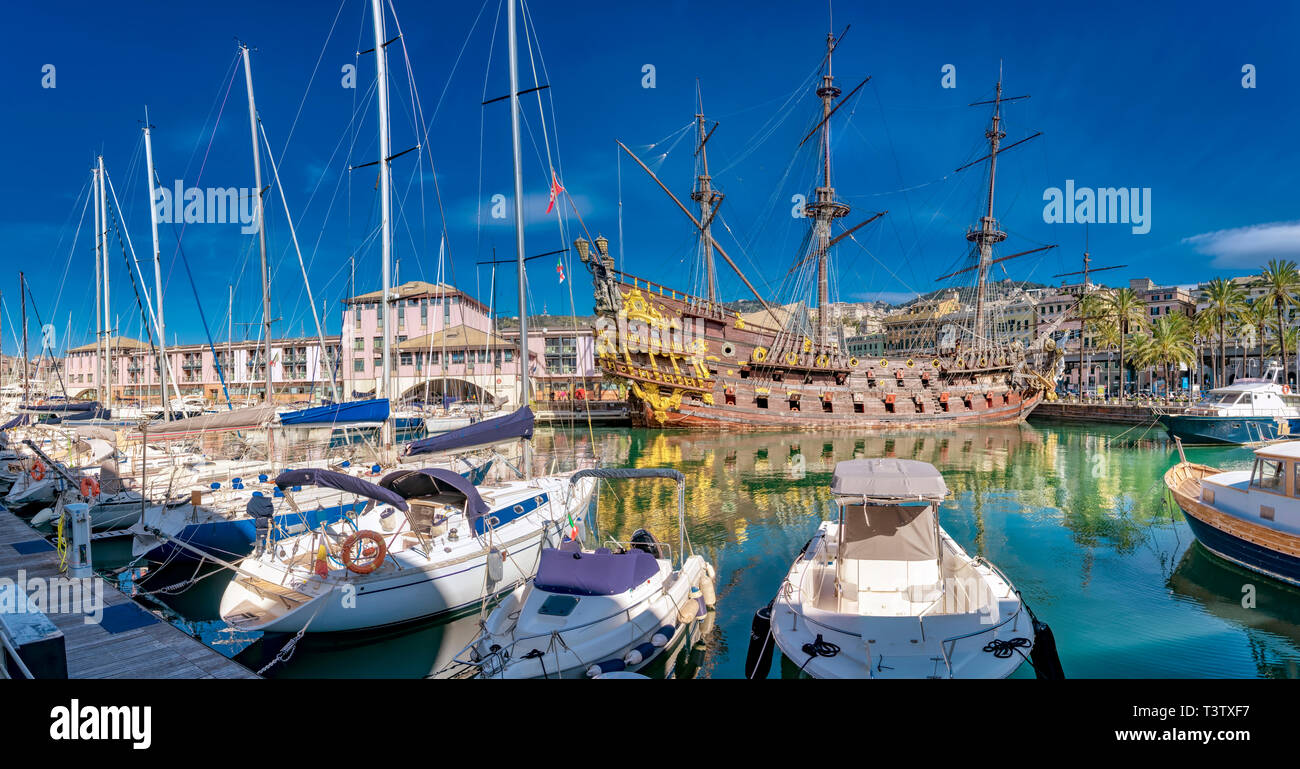 Panorama view of the Old Port, Genoa, Italy with moored boats and ...