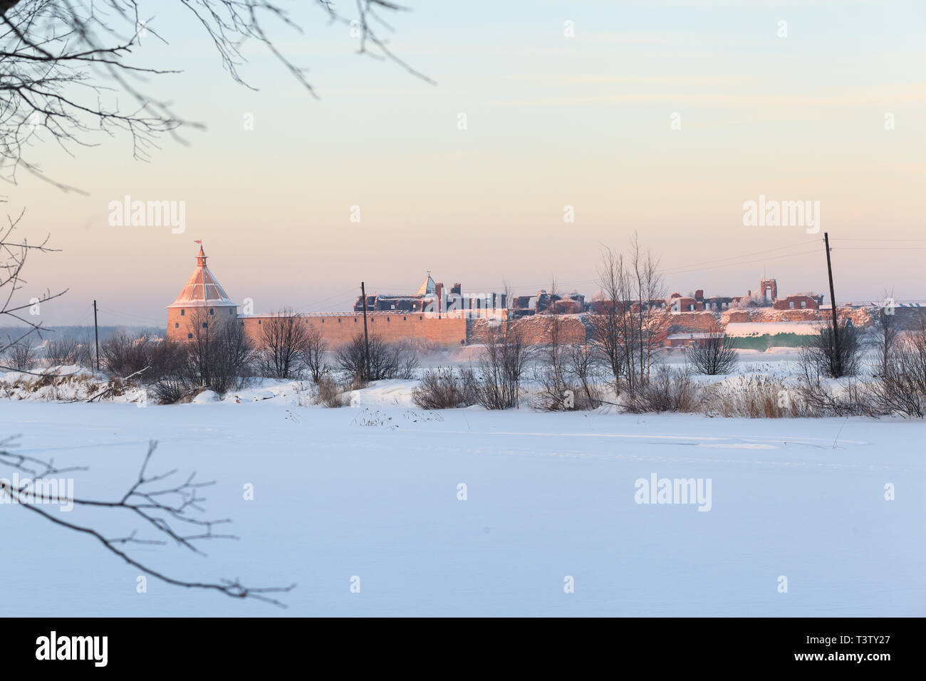Winter evening view of historical medieval Oreshek fortress in ...