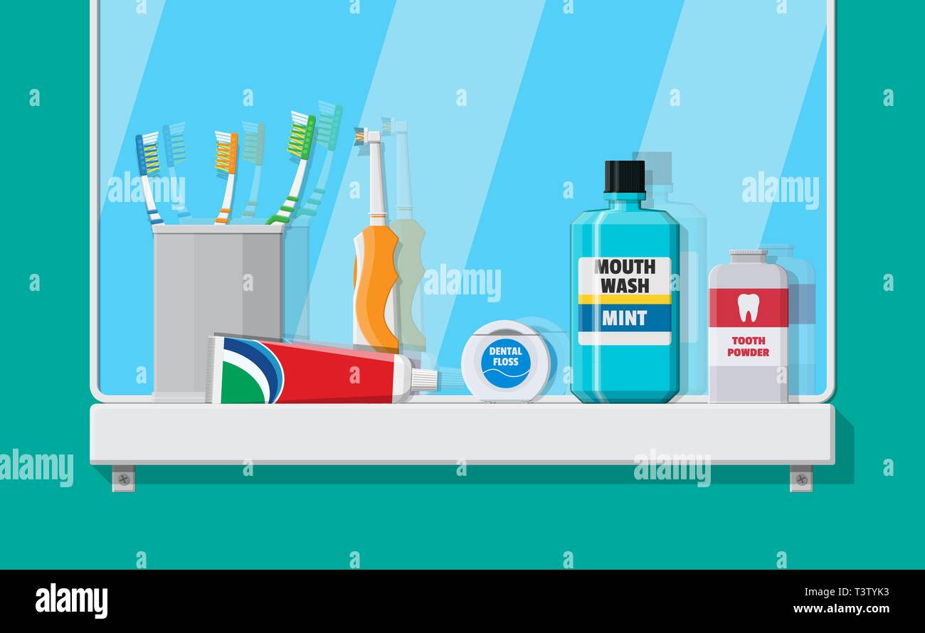 Bathroom mirror and dental cleaning tools. Oral care and hygiene ...