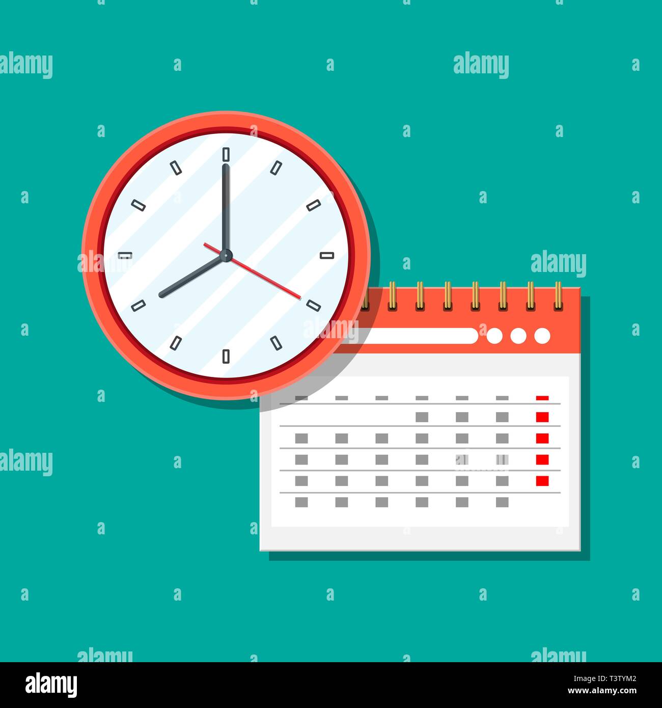 Paper spiral wall calendar and clocks. Calendar clocks flat icon ...