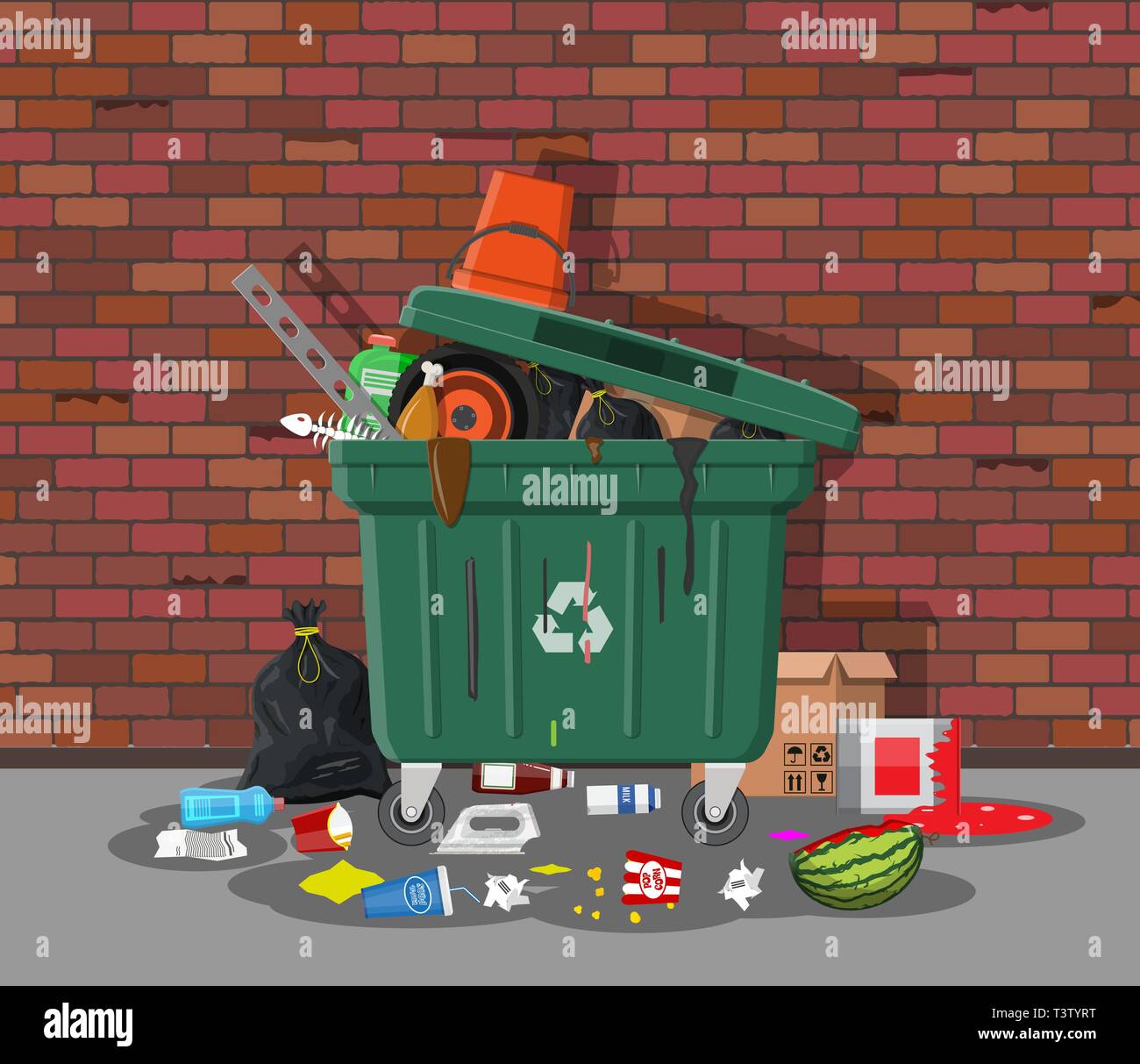 Plastic garbage bin full of trash. Overflowing garbage, food, rotten ...
