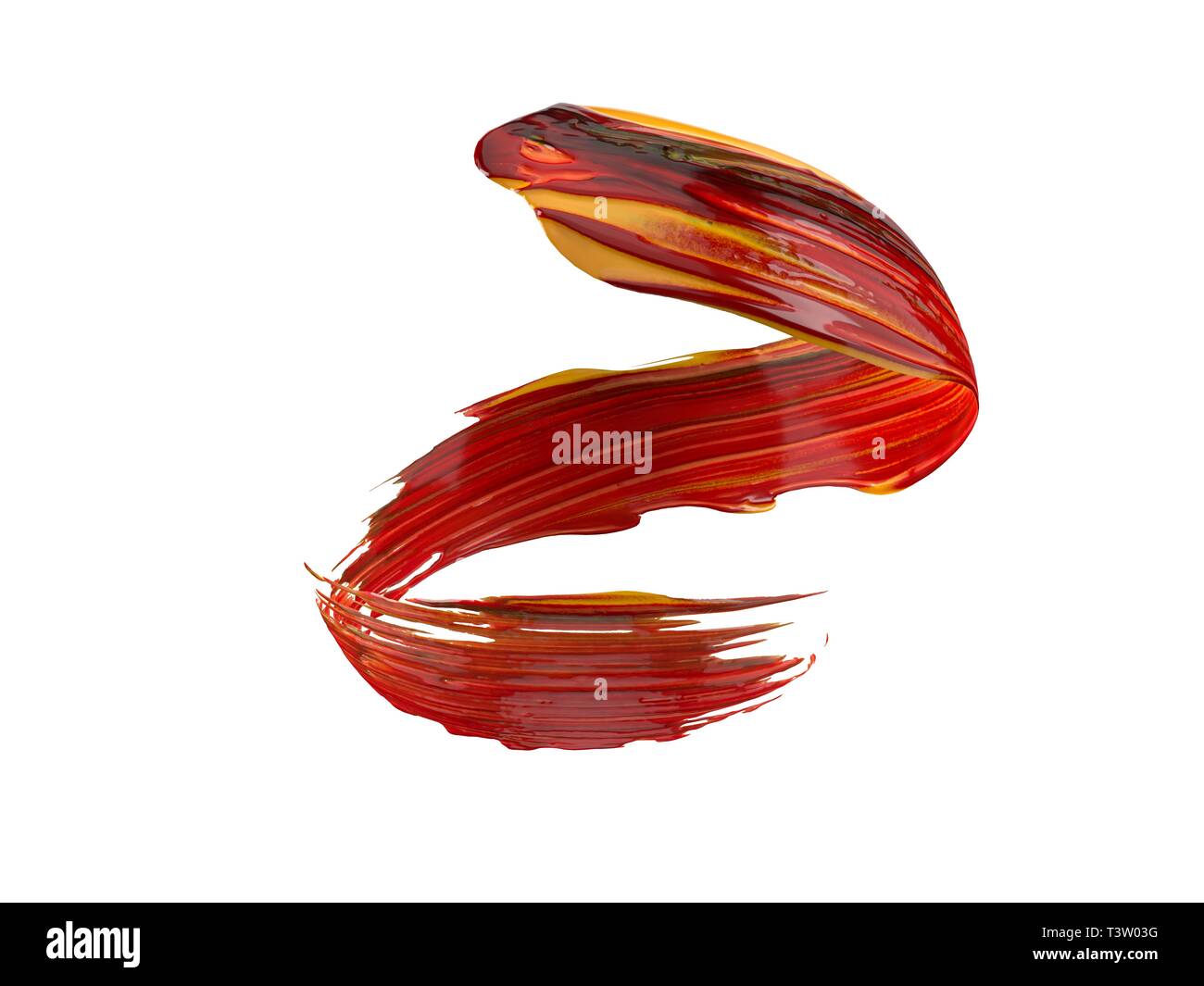 red oil paint stroke. flowing in air with rotational movements. 3d ...