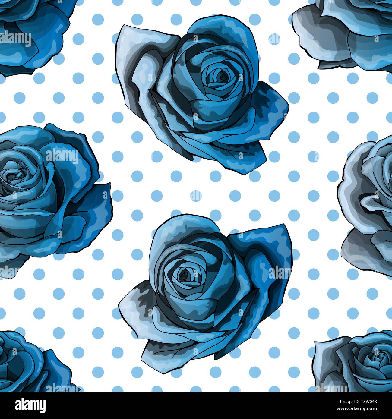 Seamless pattern, background with blue gradient roses, on polka dots ...