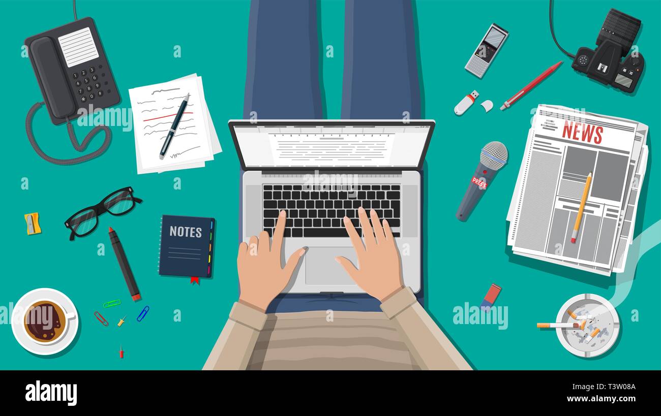 Freelance writer or journalist workplace. Laptop pc, newspaper. Paper ...