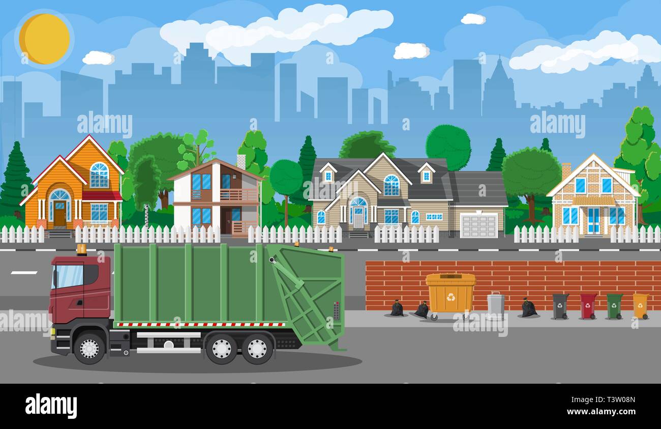 Truck for assembling, transportation garbage. Car waste disposal. Can ...