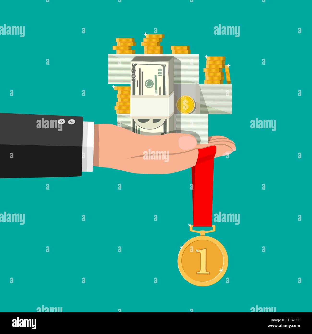 Hand holding pile of cash money and gold coins. Star shape. Award ...