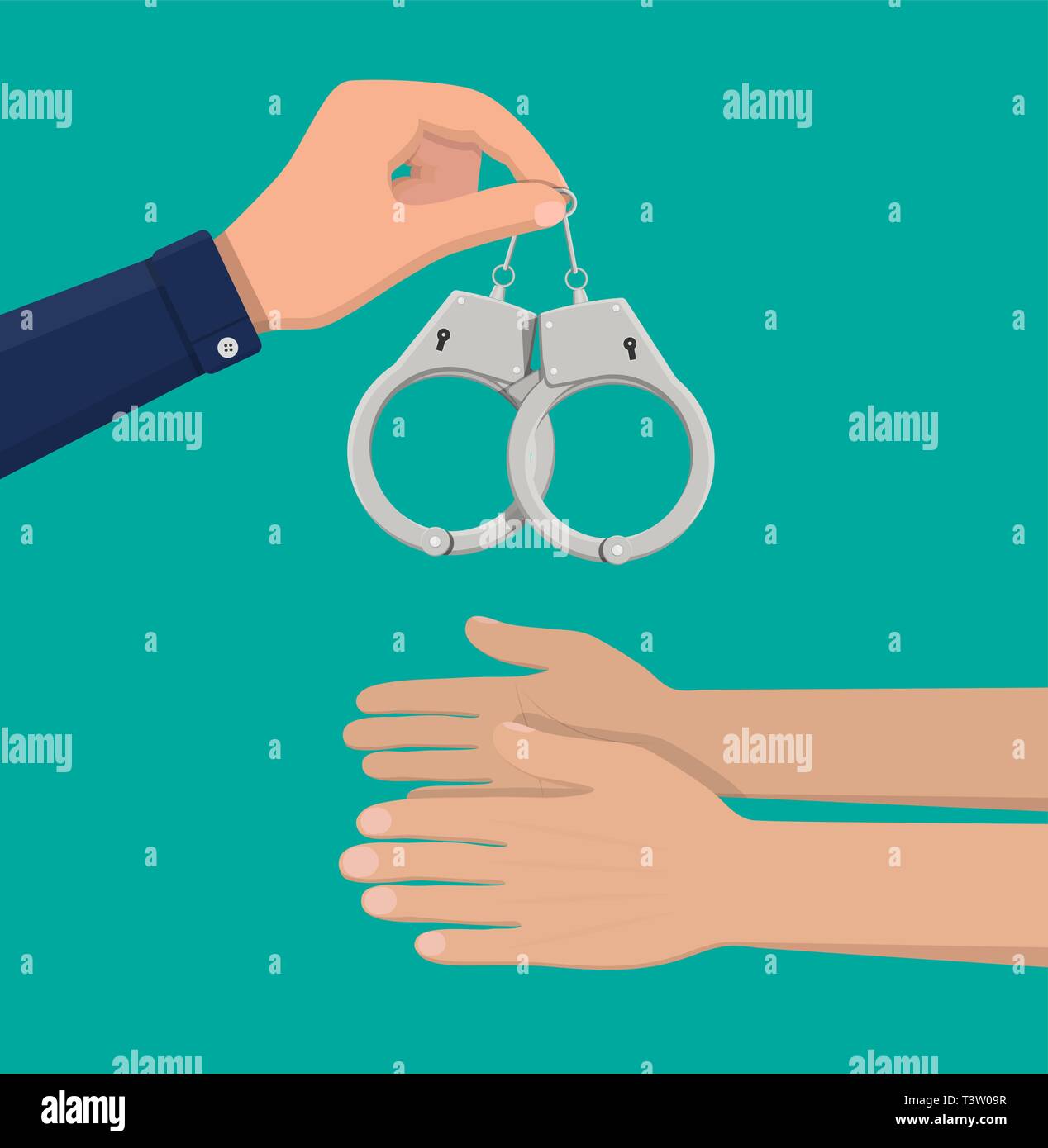 Modern metal handcuffs in hand of police officer. Concept of safety ...