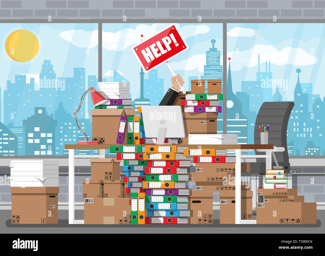 Stressed businessman in pile of office papers and documents with help ...