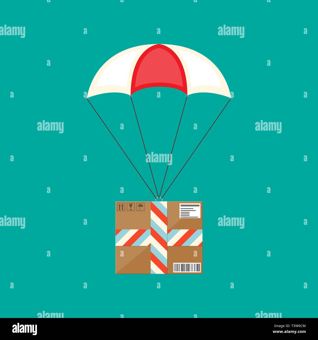 Delivery service, air shipping. Parachute with box. Package flying with ...