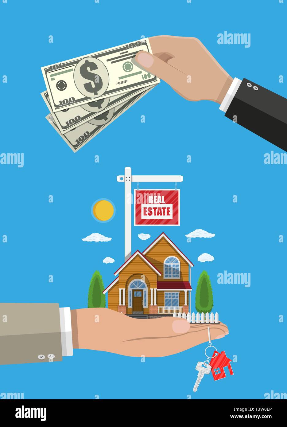 Suburban family house set in hand and money. Countryside wooden and ...