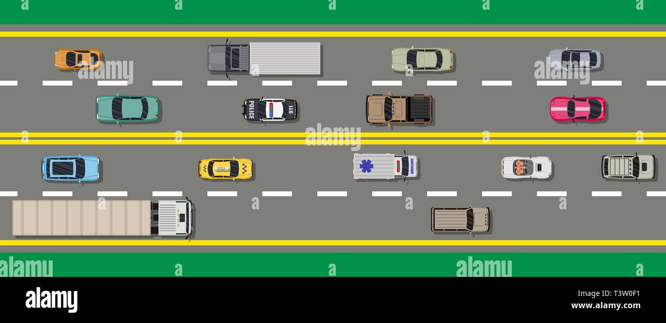 Collection of various vehicles on road. Roadster, taxi, police SUV ...