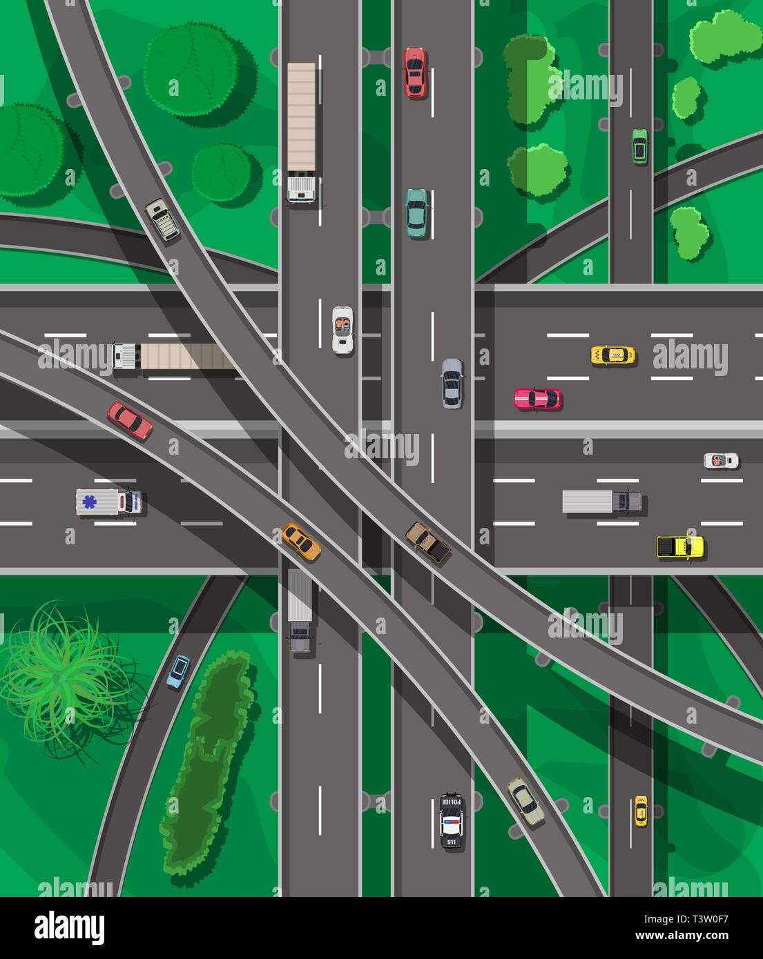 Modern roads and transport. Top view. Road and highway junction ...
