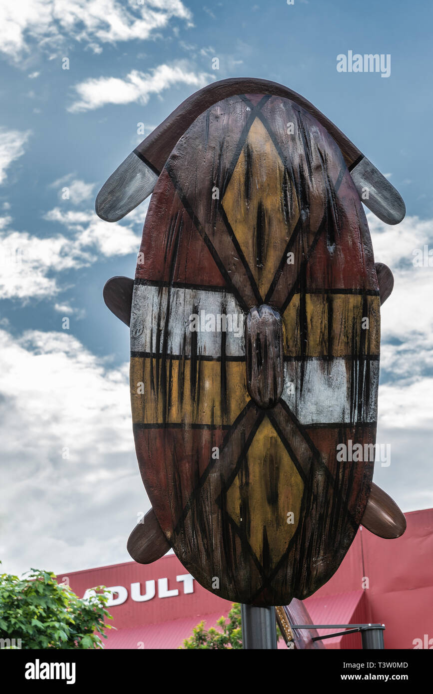 Cairns, Australia - February 17, 2019: One of many aboriginal shields ...