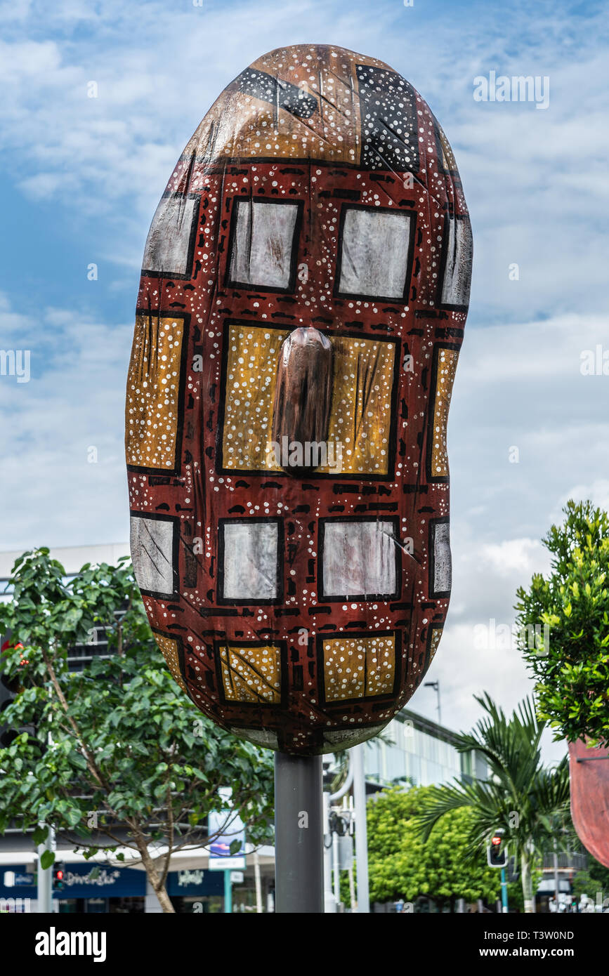 Cairns, Australia - February 17, 2019: One of many aboriginal shields ...