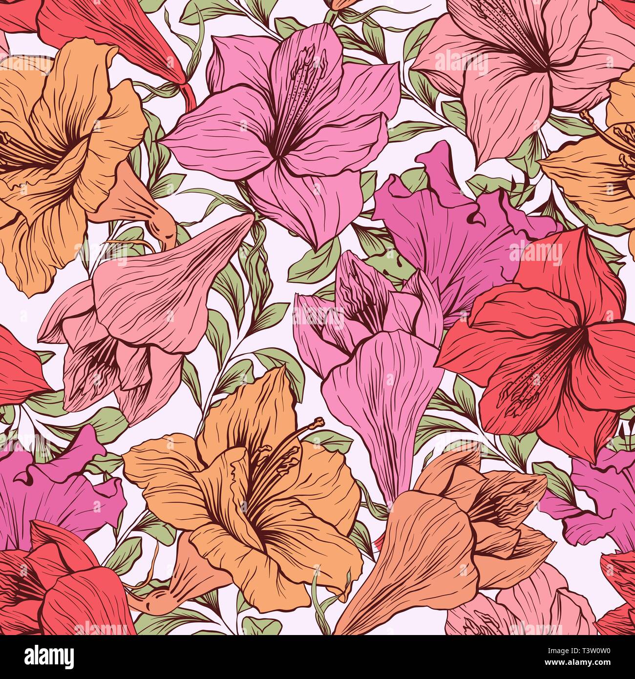 Amaryllis hand drawn floral pattern, tropical flower vector seamless illustration. Hippeastrum ...
