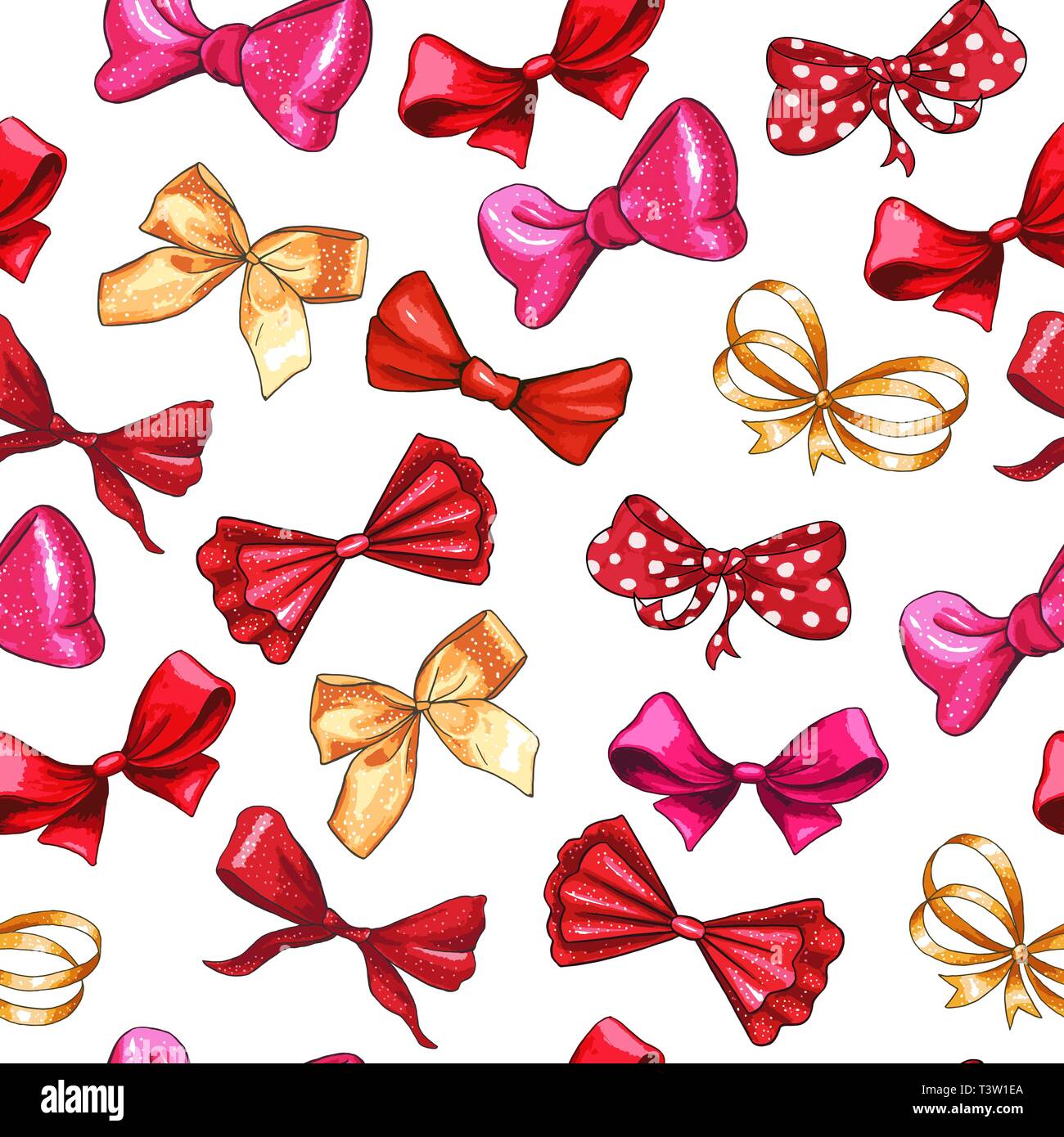 Bow hand drawn vector seamless pattern. Golden gradient, red, pink ...
