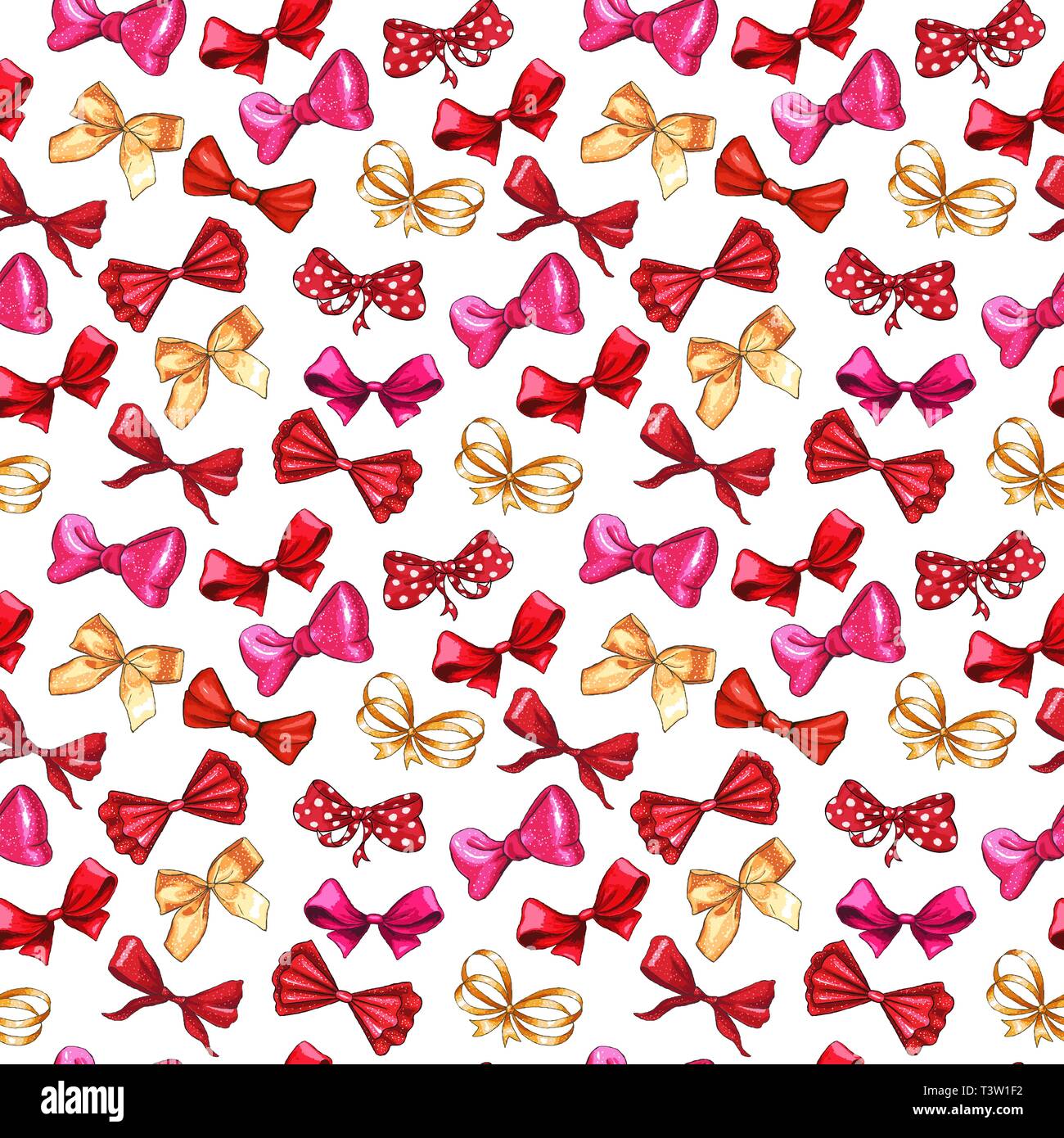 Bow hand drawn vector seamless pattern. Golden gradient, red, pink ...
