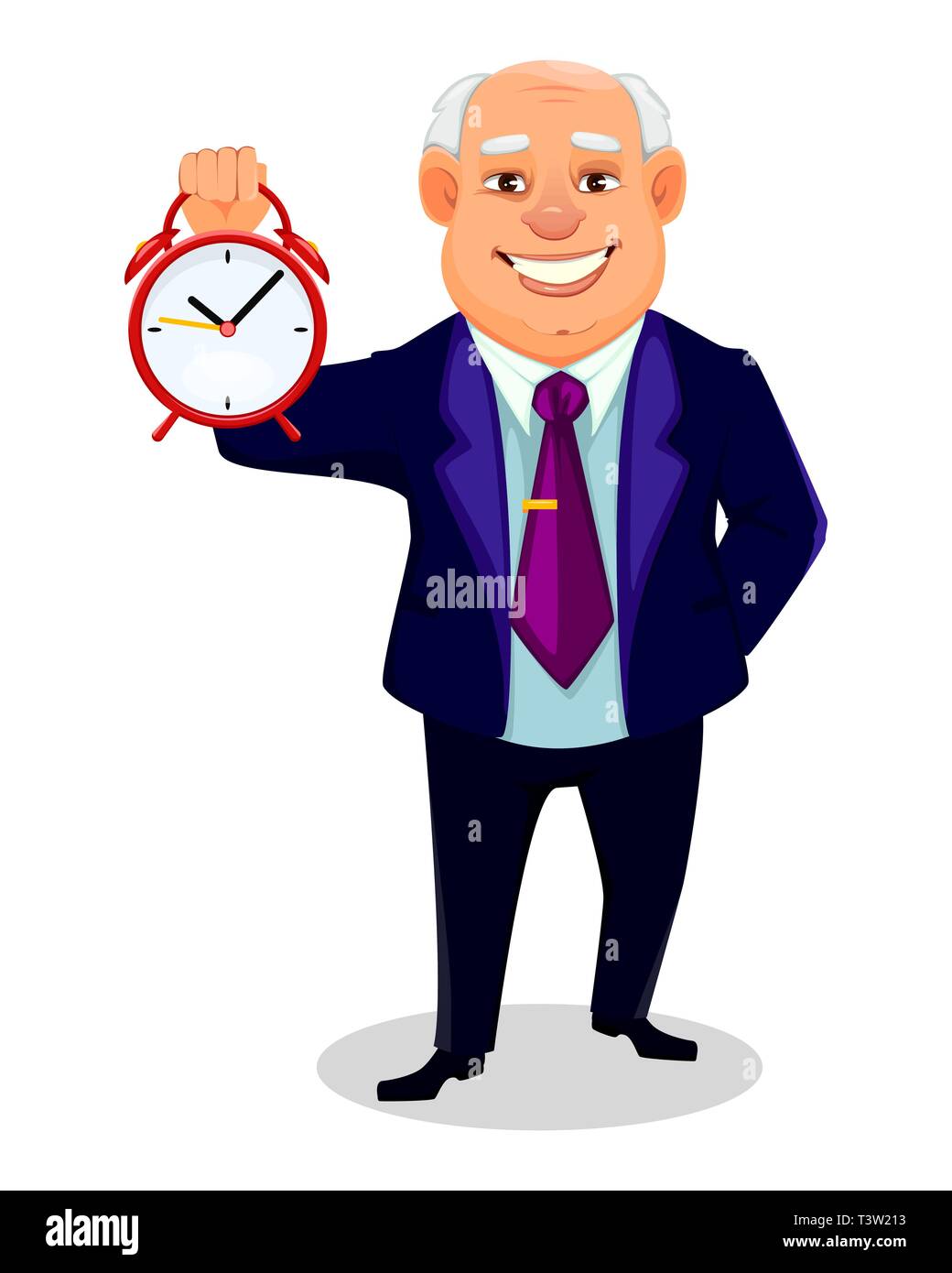 Cheerful fat business man. Businessman cartoon character holds alarm ...