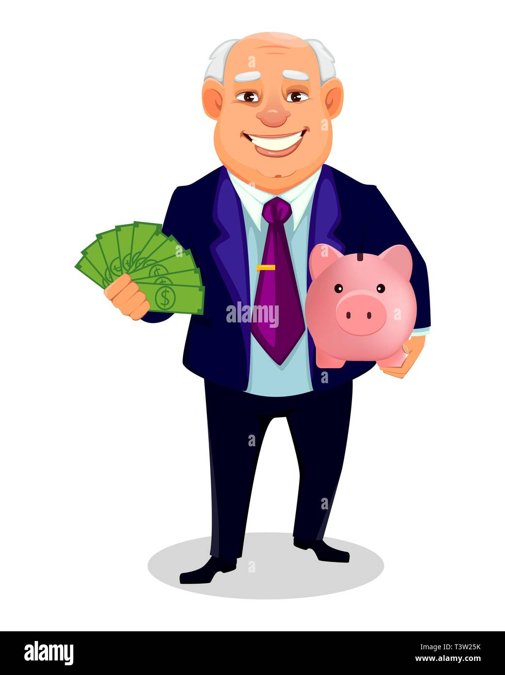 Cheerful fat business man. Businessman cartoon character holds piggy ...