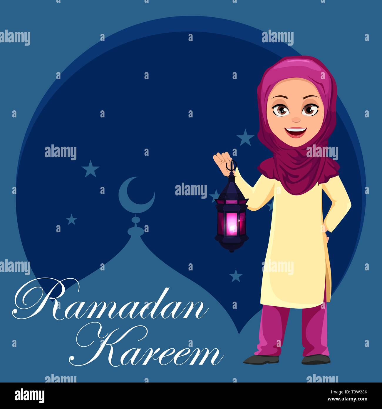 Ramadan Kareem greeting card with cute Arabian girl. Celebration of ...