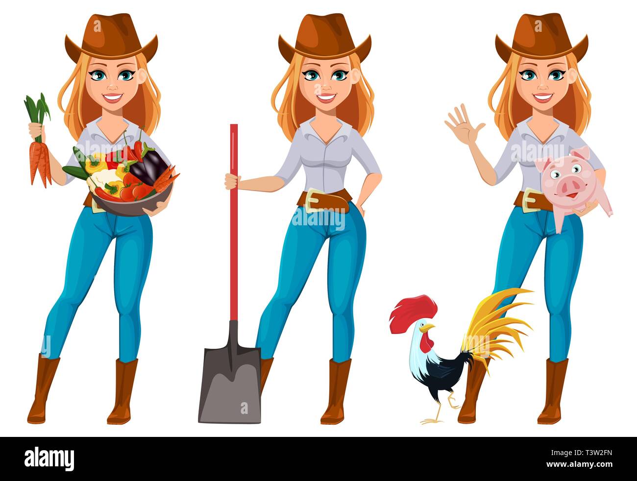 Young pretty farmer woman in cowboy hat. Cheerful gardener woman ...