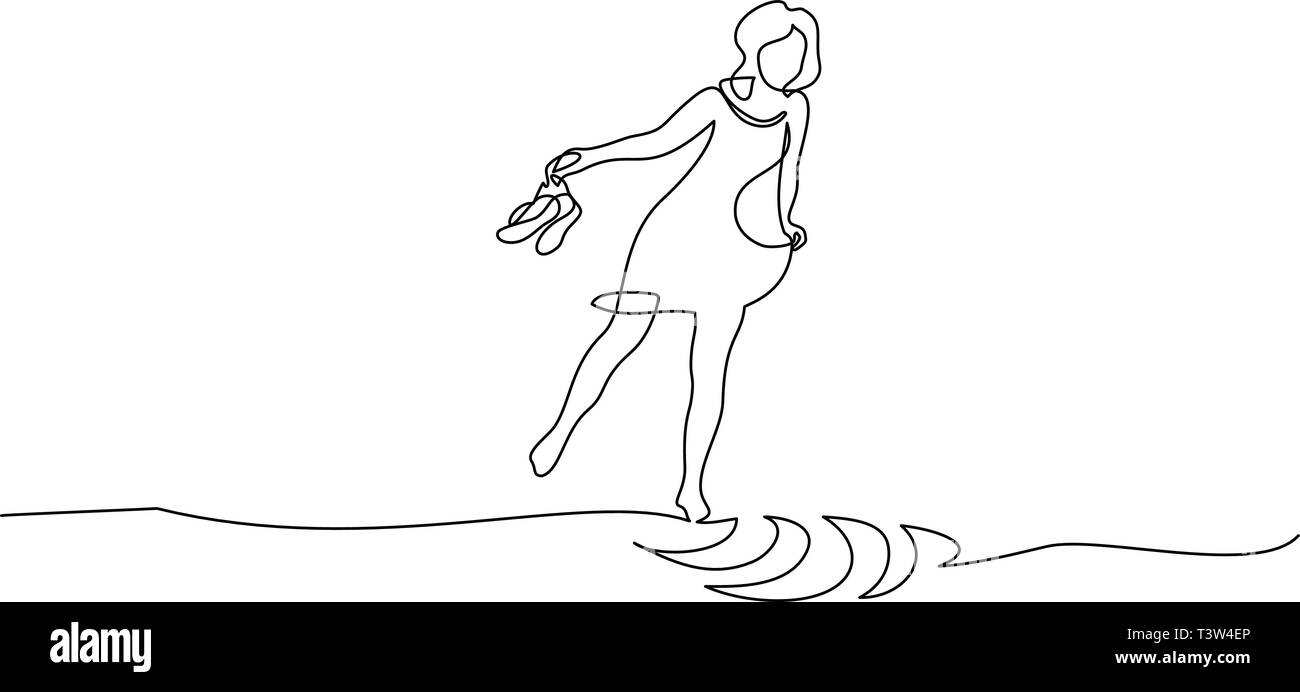 Continuous one line drawing. Woman walking on water with shoes in her ...