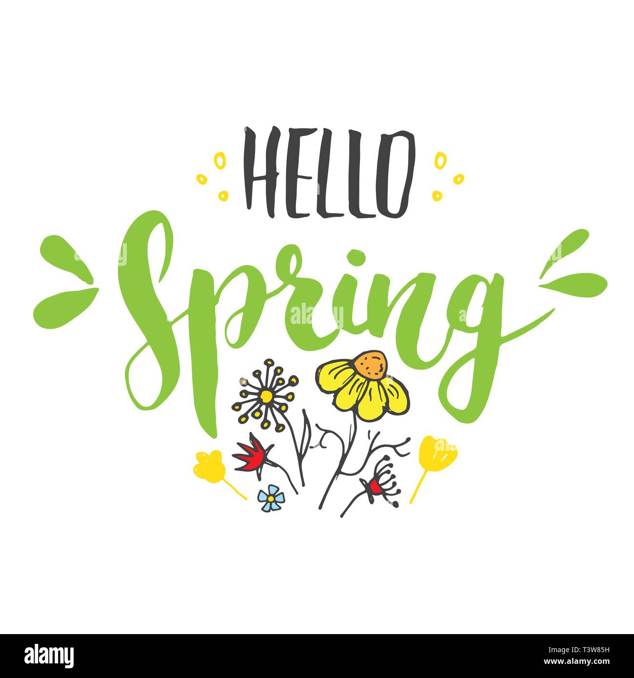 Hello Spring Calligraphy lettering handwritten sign, Hand drawn grunge ...
