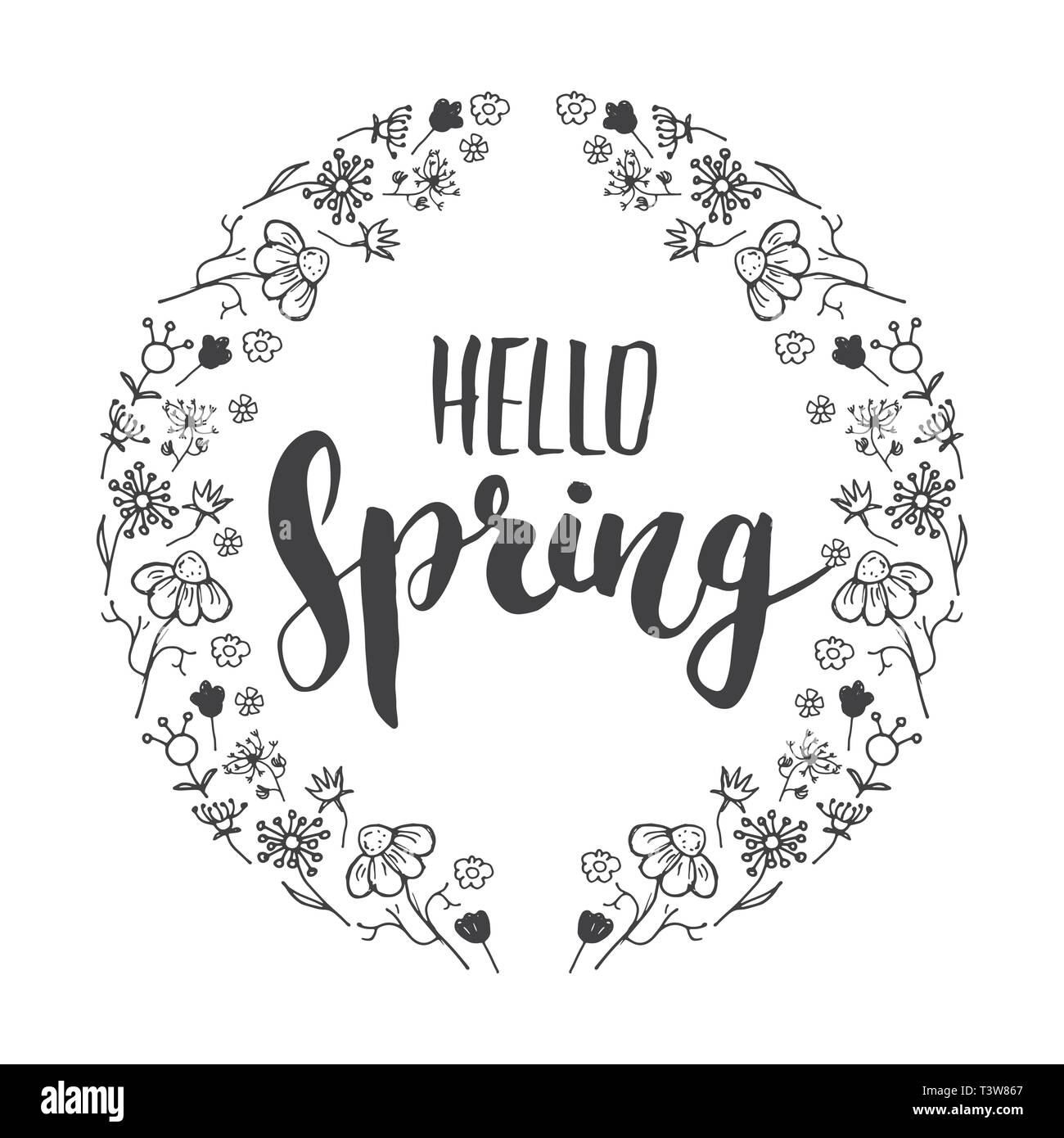 Hello Spring Calligraphy lettering handwritten sign, Hand drawn grunge ...