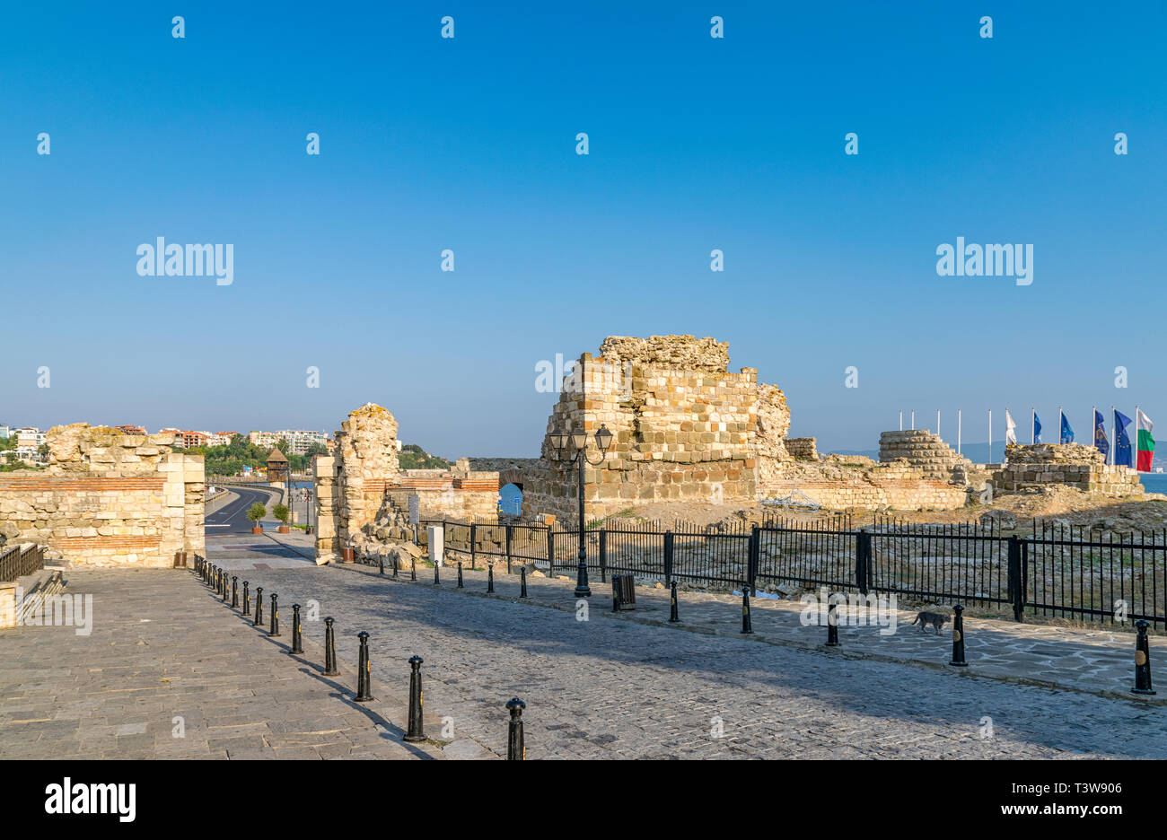 Ancient ruins at the entrance of the Nessebar ancient city, one of the ...
