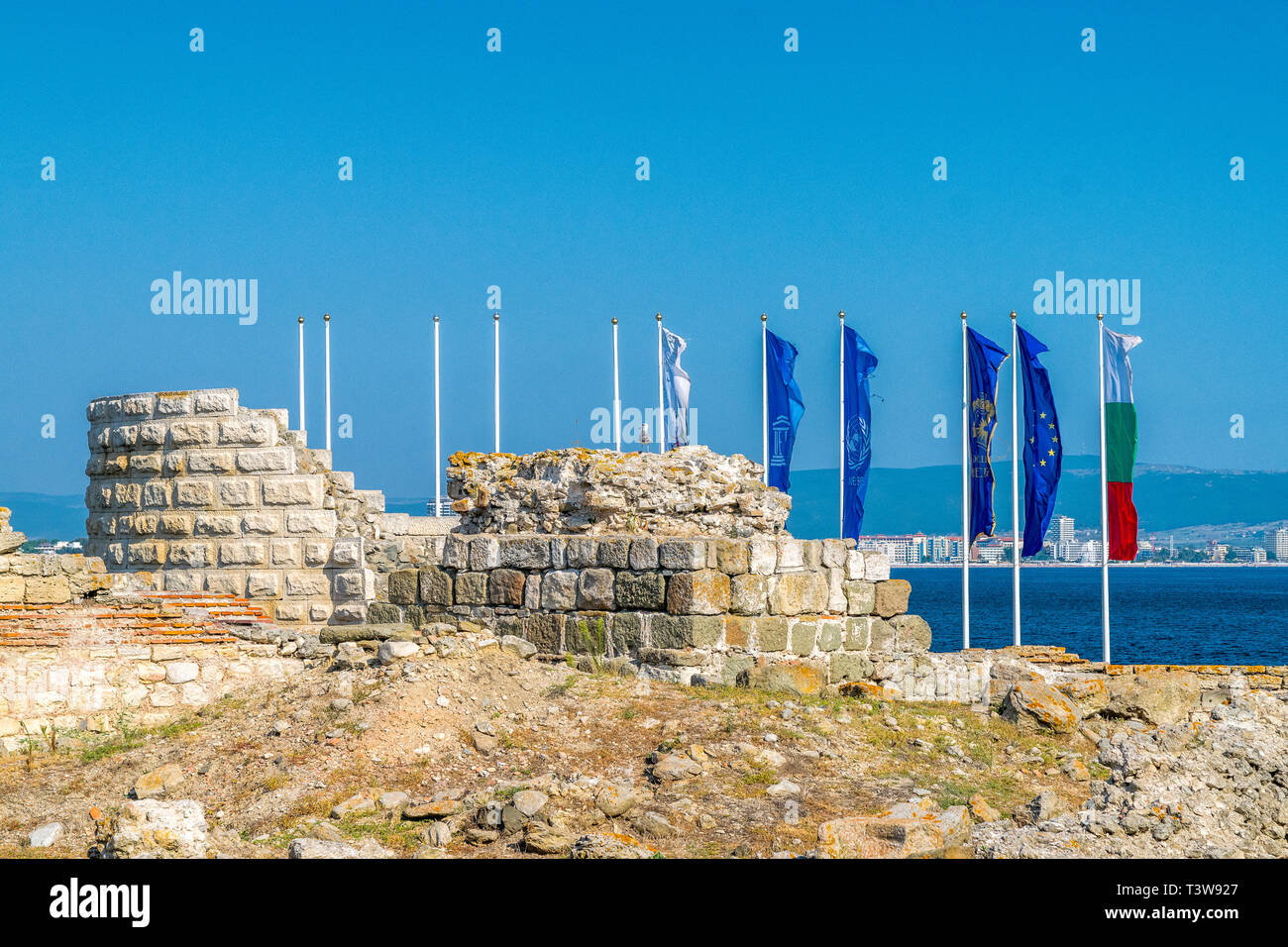 Ancient ruins at the entrance of the Nessebar ancient city, one of the ...